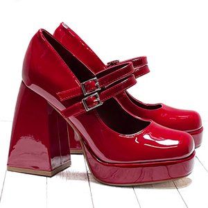 Shoes | New Ruby Red Patent Mary Jane Platform Chunky Heel Pumps | Poshmark